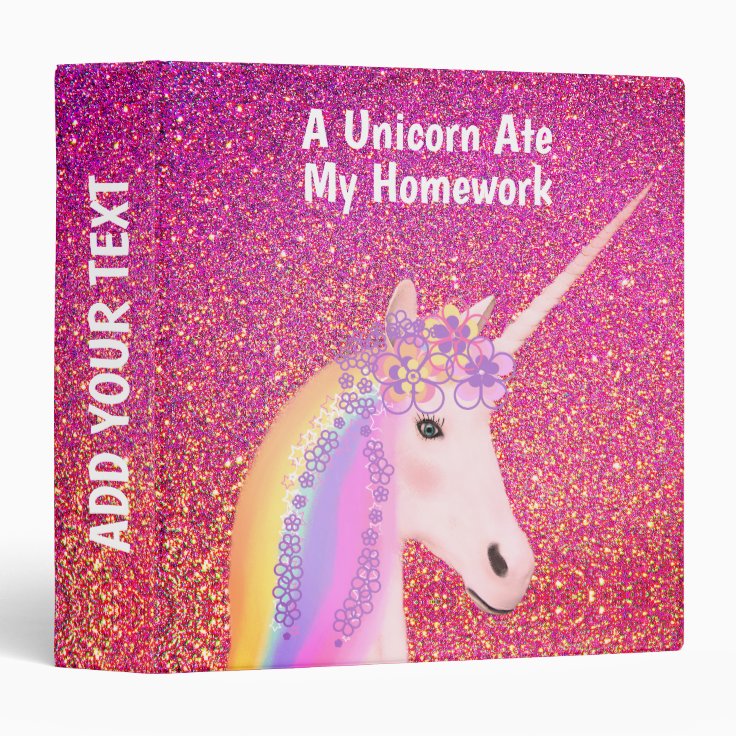 Cute Rainbow Unicorn Pink Glitter Sparkle Custom 3 Ring Binder | Zazzle