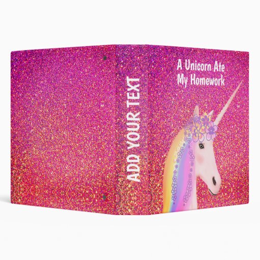 Cute Rainbow Unicorn Pink Glitter Sparkle Custom 3 Ring Binder | Zazzle