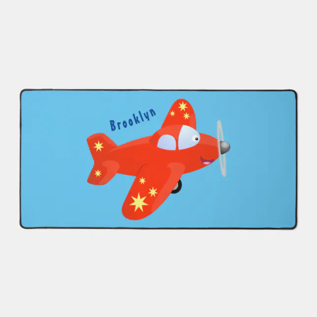 Cute red airplane flying cartoon illustration desk mat | Zazzle