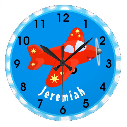 Cute red airplane flying cartoon illustration large clock | Zazzle.com