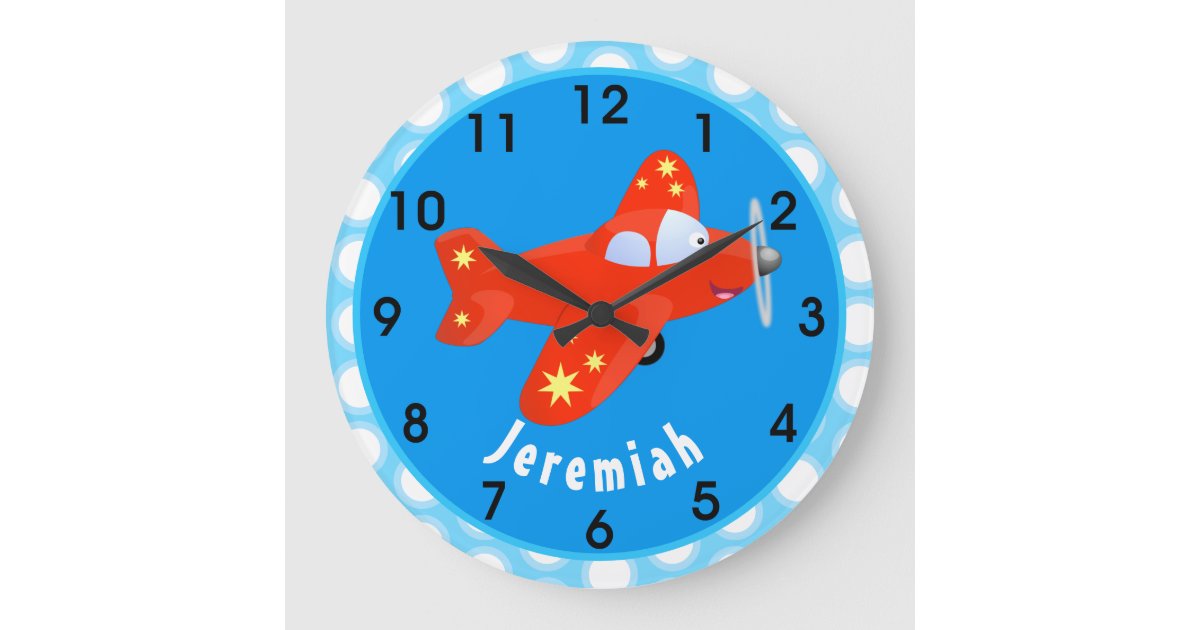 Cute red airplane flying cartoon illustration large clock | Zazzle