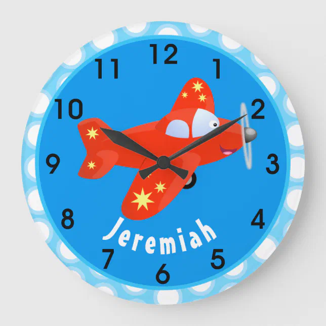 Cute red airplane flying cartoon illustration large clock | Zazzle