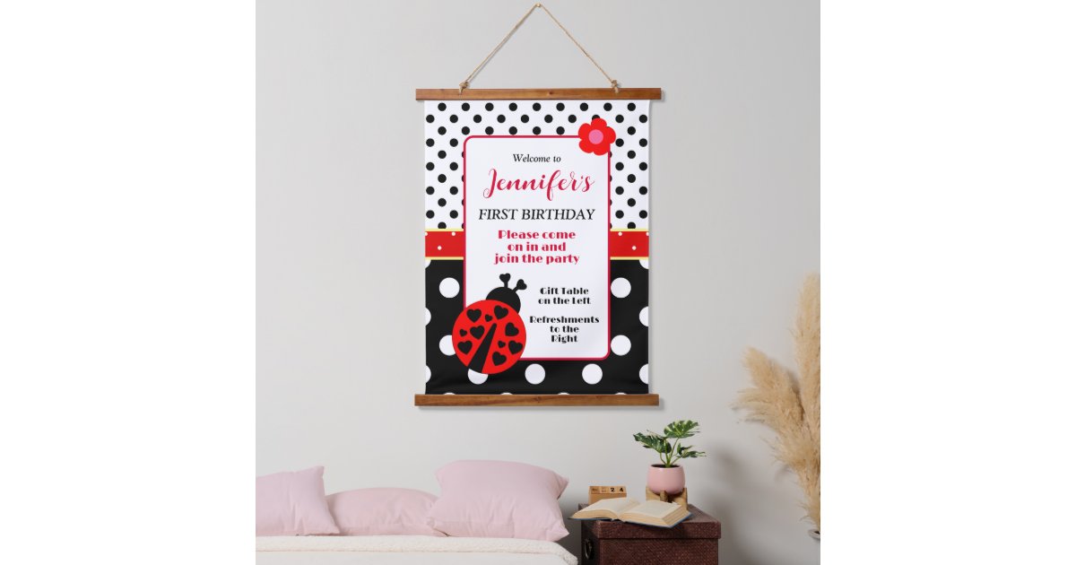 Cute Red and Black Ladybug Welcome Sign Hanging Tapestry | Zazzle