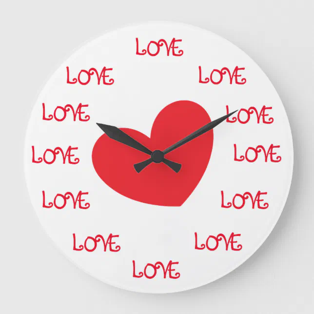 Cute Red and White LOVE Heart Wall Clocks | Zazzle