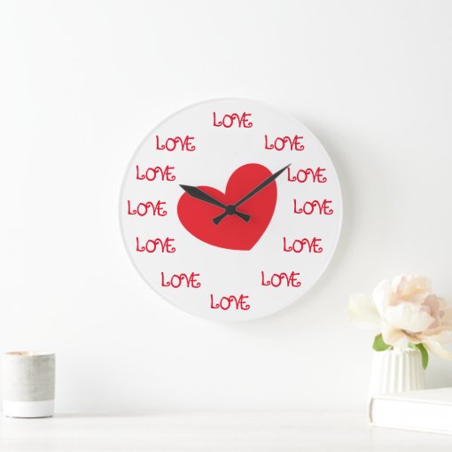 Cute Red and White LOVE Heart Wall Clocks | Zazzle