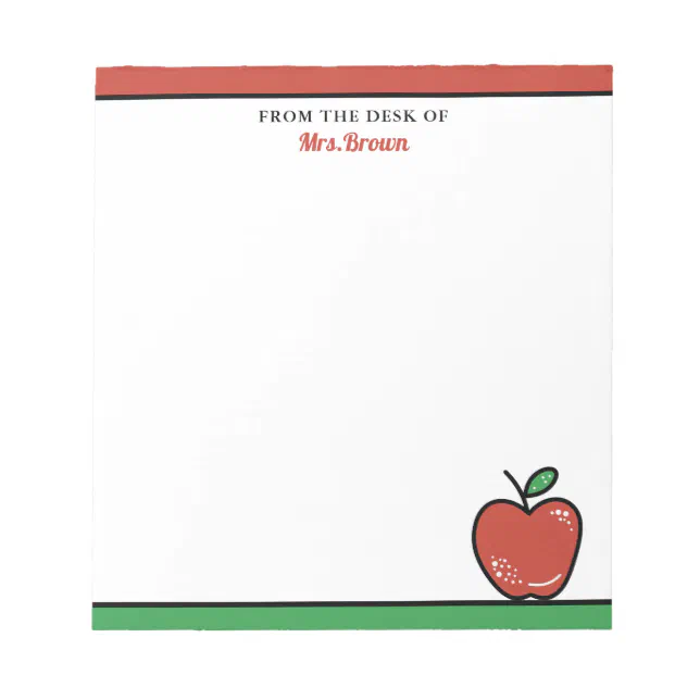 Cute Red Apple From The Desk Of Teacher Name Notepad | Zazzle