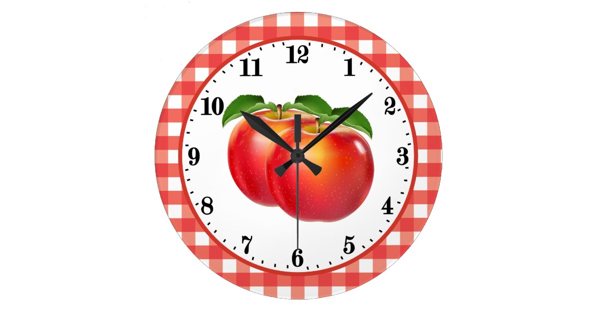 Cute red apple lovers kitchen decor large clock | Zazzle.com