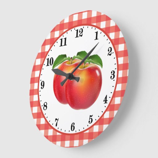 Cute red apple lovers kitchen decor large clock | Zazzle