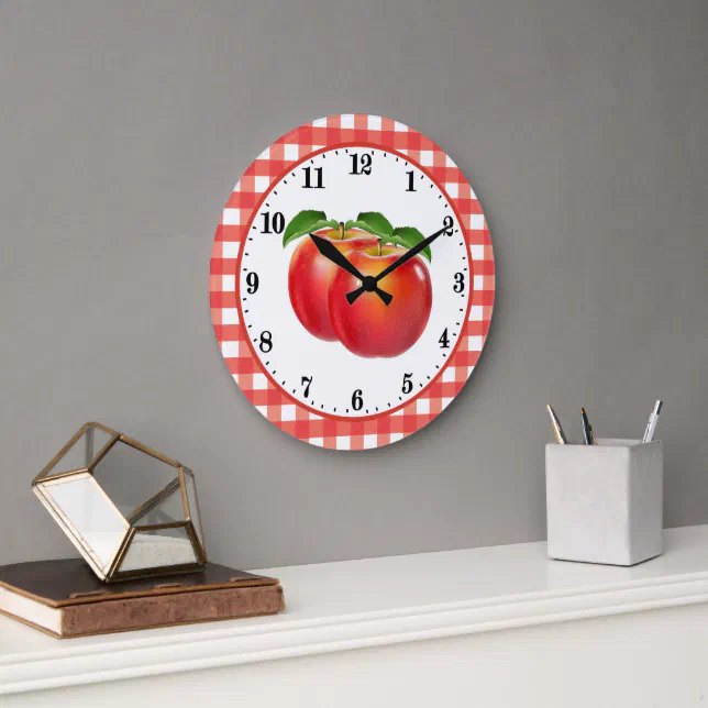 Cute red apple lovers kitchen decor large clock | Zazzle