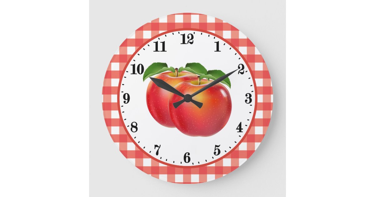 Cute red apple lovers kitchen decor large clock | Zazzle
