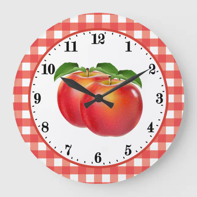 Cute red apple lovers kitchen decor large clock | Zazzle