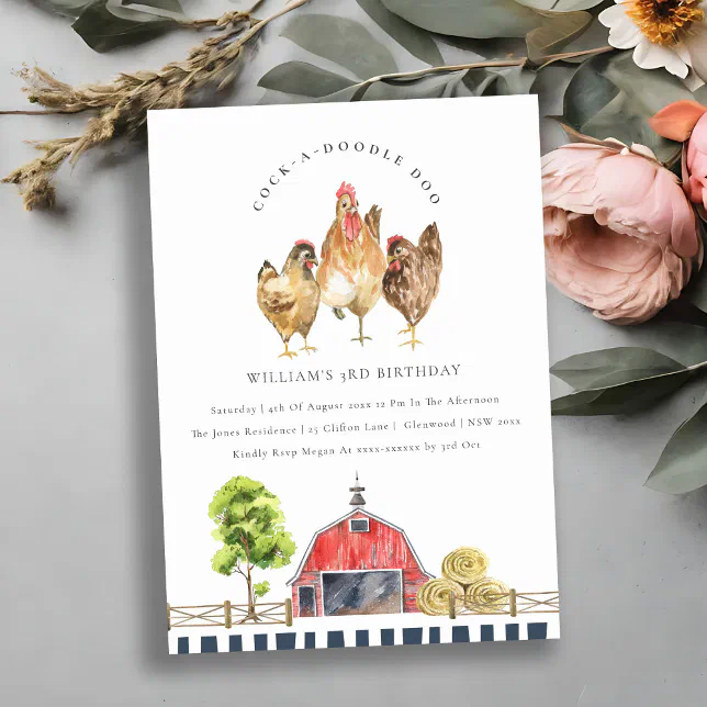 Cute Red Barn Chicken Farm Kids Birthday Invite | Zazzle