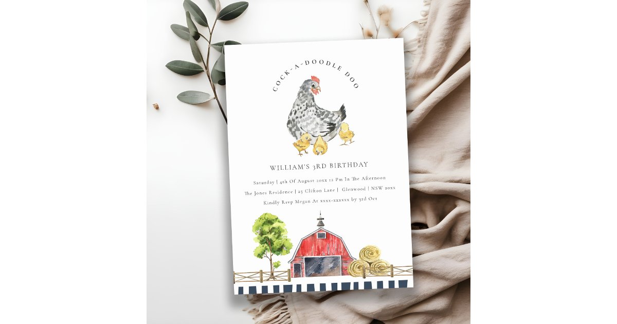 Cute Red Barn Chicken Farm Kids Birthday Invite | Zazzle