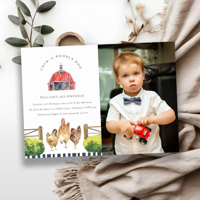 Cute Red Barn Chicken Farm Photo Birthday Invite | Zazzle