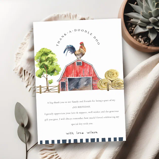 Cute Red Barn Chicks Farm Watercolor Birthday Thank You Card | Zazzle