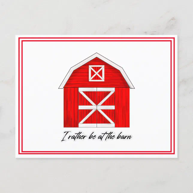 Cute Red Barn Drawing | I Rather be at the Barn Postcard | Zazzle
