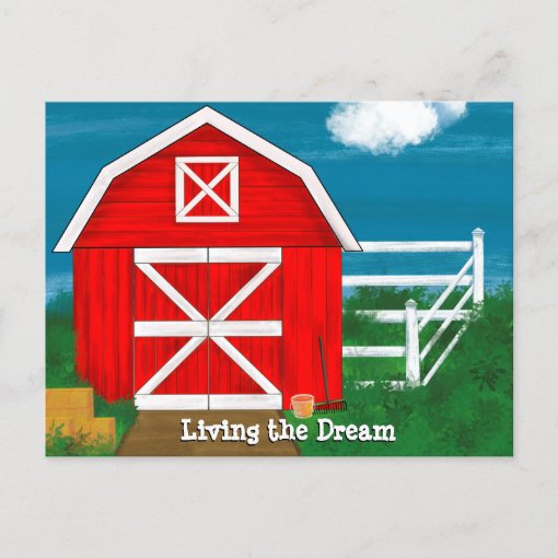 Cute Red Barn Drawing Living the Dream Postcard | Zazzle