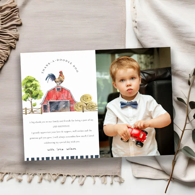 Cute Red Barn Rooster Watercolor Photo Birthday Thank You Card | Zazzle