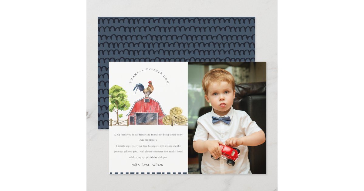 Cute Red Barn Rooster Watercolor Photo Birthday Thank You Card | Zazzle