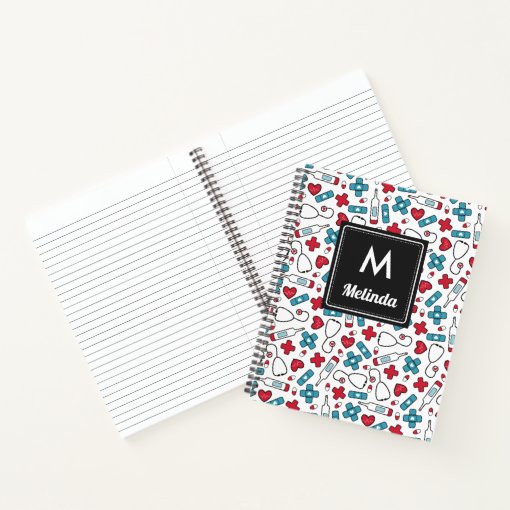 Cute Red Blue Medical Pattern Nurse Monogrammed Notebook | Zazzle