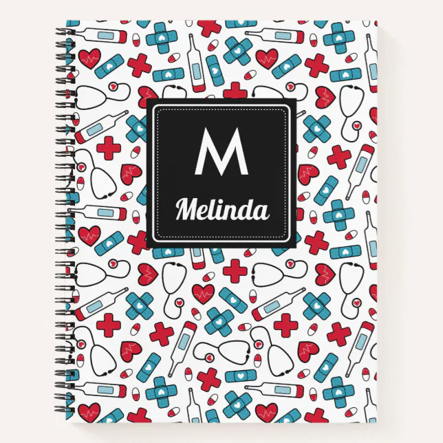 Cute Red Blue Medical Pattern Nurse Monogrammed Notebook | Zazzle