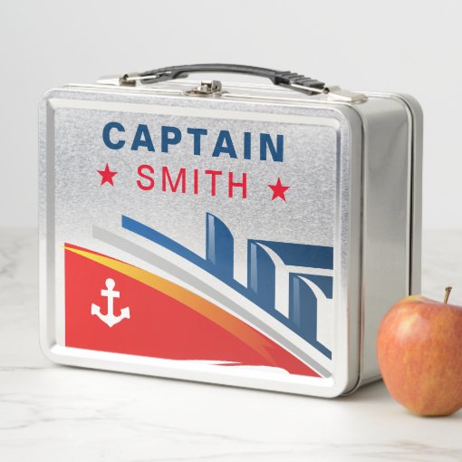 Cute Red Blue Nautical Ship Kids Name Metal Lunch Box | Zazzle