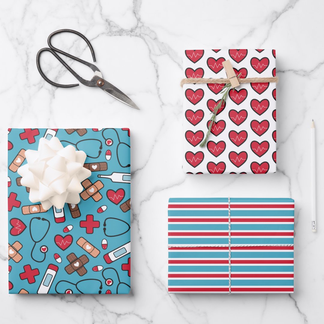 Cute Red Blue Nurse Doctor Medical Pattern Wrapping Paper Sheets | Zazzle