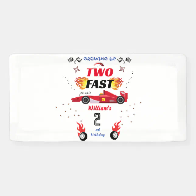 cute red boy cars Race Car two fast 2nd birthday Banner | Zazzle