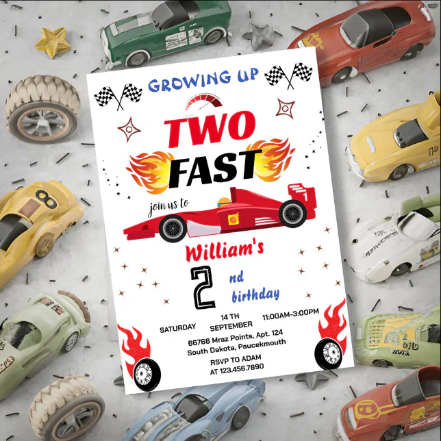 cute red boy cars Race Car two fast 2nd birthday Invitation | Zazzle
