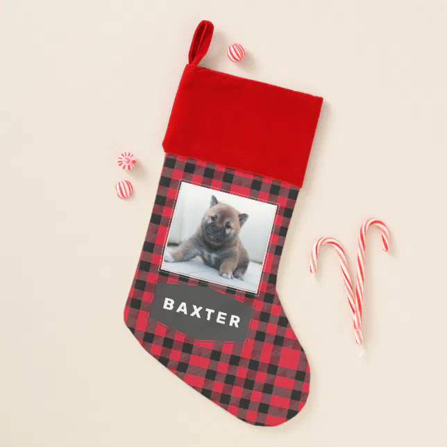Cute Red Buffalo Plaid Personalized Dog Photo Christmas Stocking | Zazzle