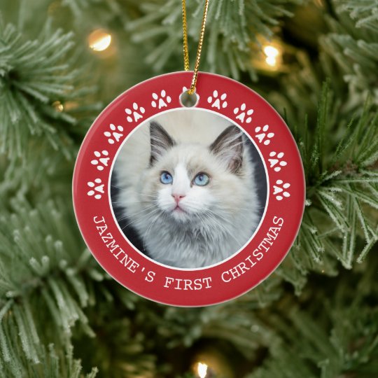 Cute Red Cat Paw Prints Photo Frame Christmas Ceramic Ornament | Zazzle.com
