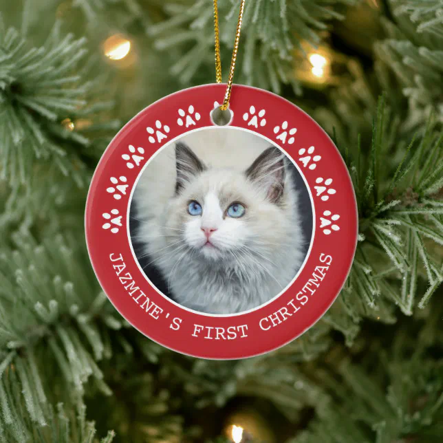 Cute Red Cat Paw Prints Photo Frame Christmas Ceramic Ornament | Zazzle