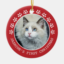 Cute Red Cat Paw Prints Photo Frame Christmas Ceramic Ornament | Zazzle
