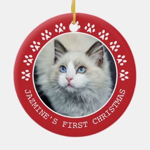Cute Red Cat Paw Prints Photo Frame Christmas Ceramic Ornament | Zazzle