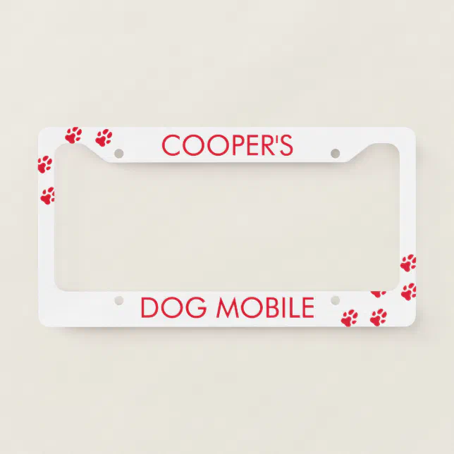 Cute Red Dog Paw Prints - Custom Dog's Name License Plate Frame | Zazzle