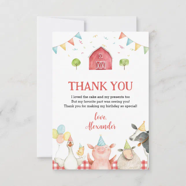 Cute Red Farm Animals and Barn Birthday Party Thank You Card | Zazzle