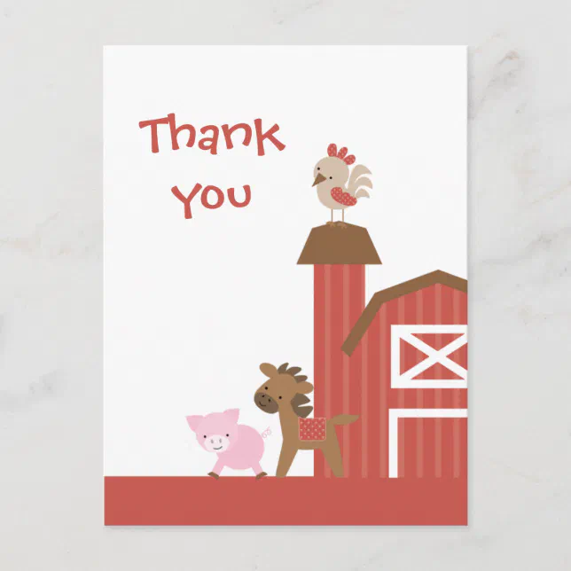 Cute red farm animals boy's thank you postcard | Zazzle