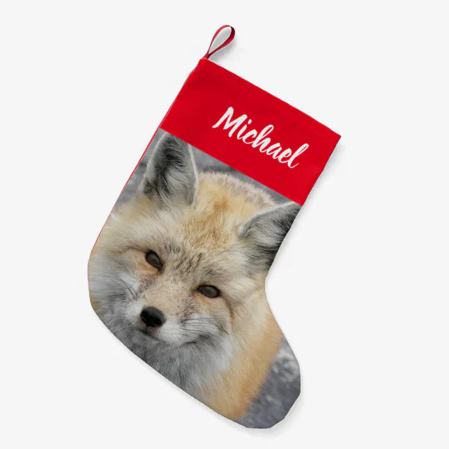 Cute Red Fox Photo with Name Small Christmas Stocking | Zazzle