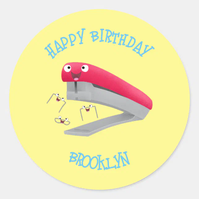 Cute red happy stapler cartoon illustration classic round sticker | Zazzle