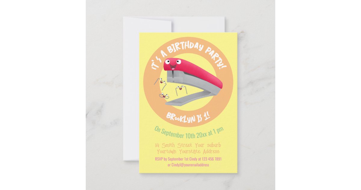 Cute red happy stapler cartoon illustration invitation | Zazzle