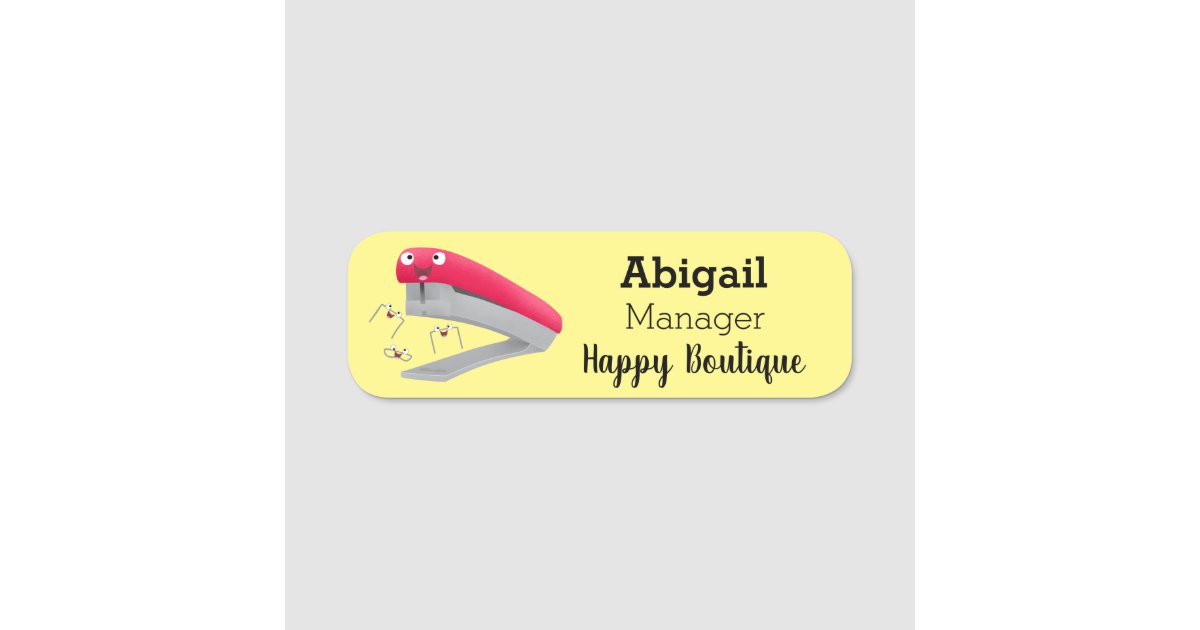 Cute red happy stapler cartoon illustration name tag | Zazzle