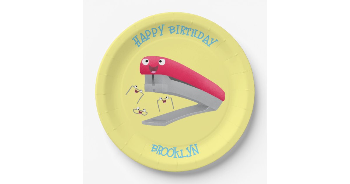 Cute red happy stapler cartoon illustration paper plates | Zazzle