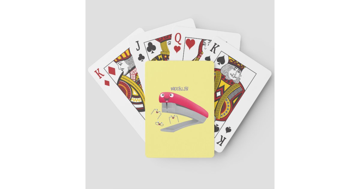 Cute red happy stapler cartoon illustration poker cards | Zazzle