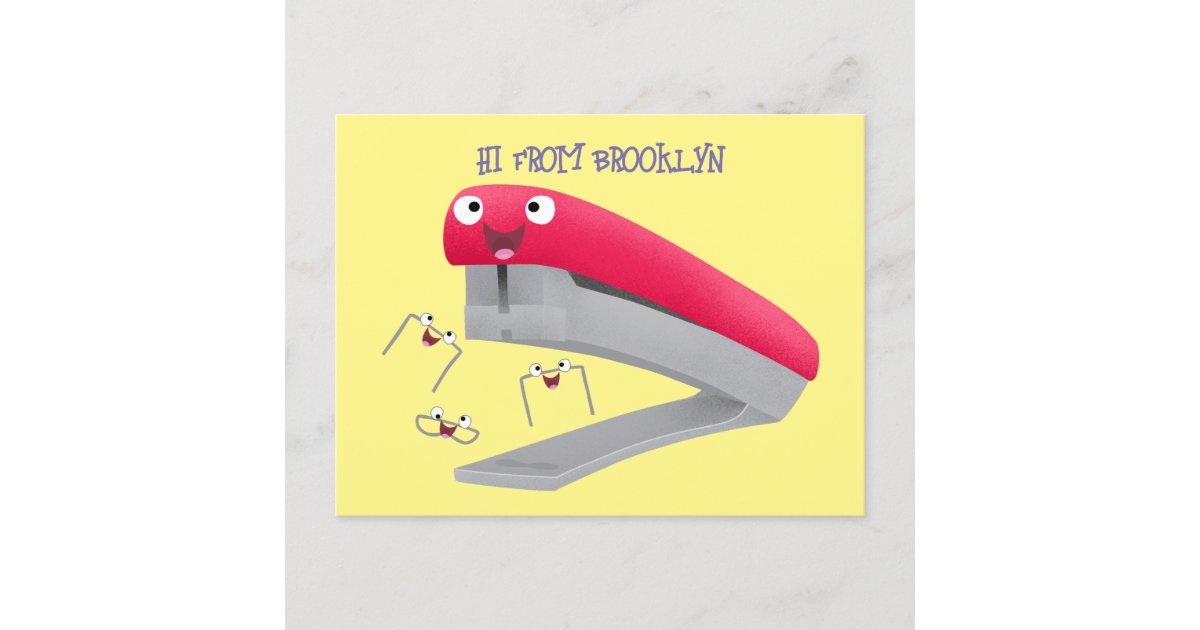 Cute red happy stapler cartoon illustration postcard | Zazzle