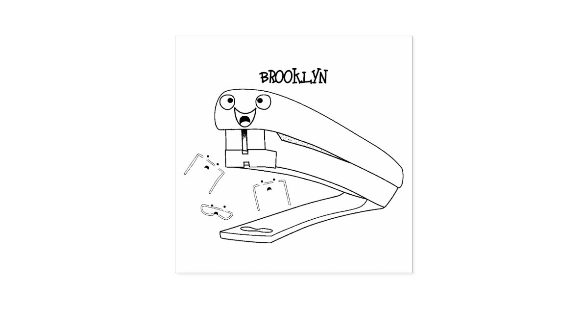 Cute red happy stapler cartoon illustration rubber stamp | Zazzle