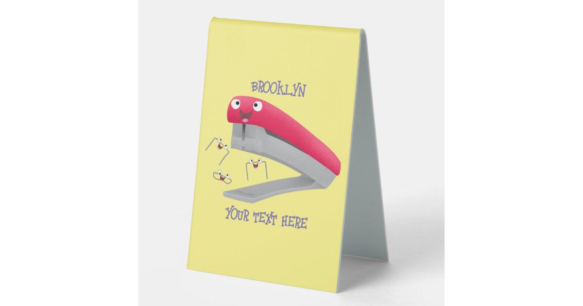 Cute red happy stapler cartoon illustration table tent | Zazzle
