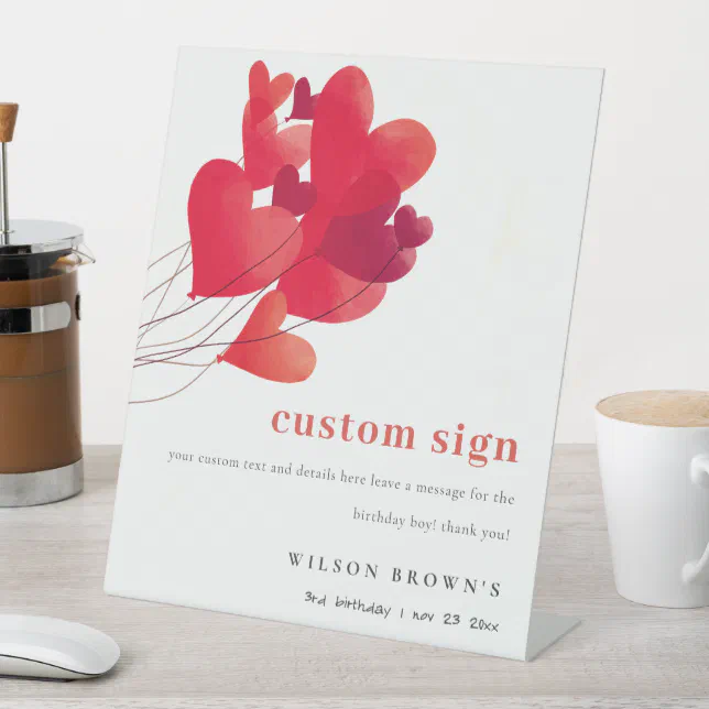 Cute Red Heart Balloons Birthday Custom Party Pedestal Sign | Zazzle