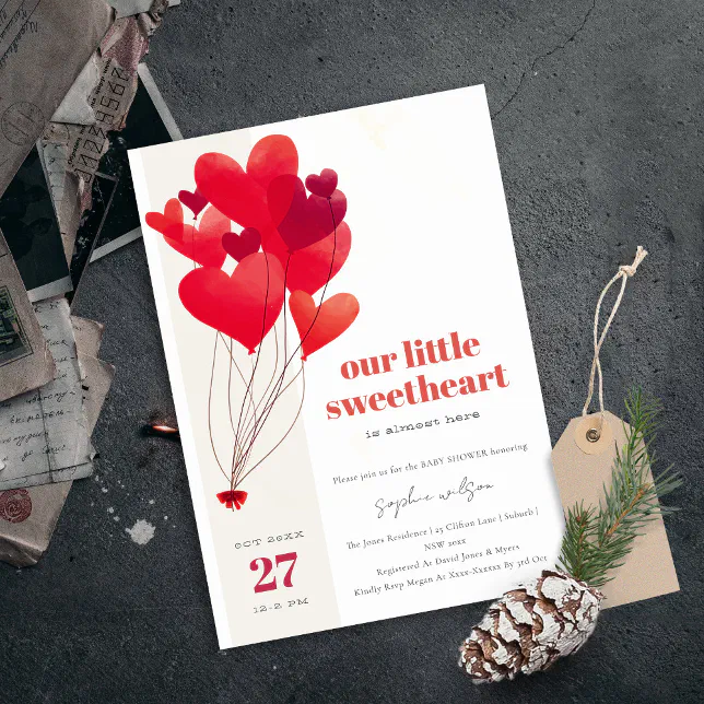 Cute Red Heart Balloons Sweetheart Baby Shower Invitation | Zazzle
