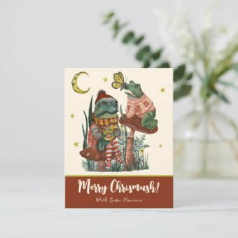 Cute Red Mushroom Frog and Toad Merry Christmas Holiday Card | Zazzle