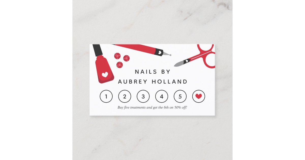 Cute Red Nail Artist Tools Loyalty Card | Zazzle